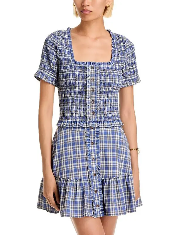 Aqua Plaid Smocked Top - Blue Multi