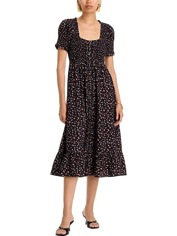 Aqua Ditsy Floral Smocked Midi Dress - Black Multi