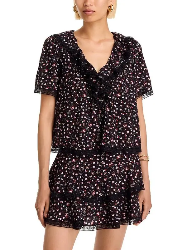 Aqua Ditsy Floral Lace Short Sleeve Top - Black Multi