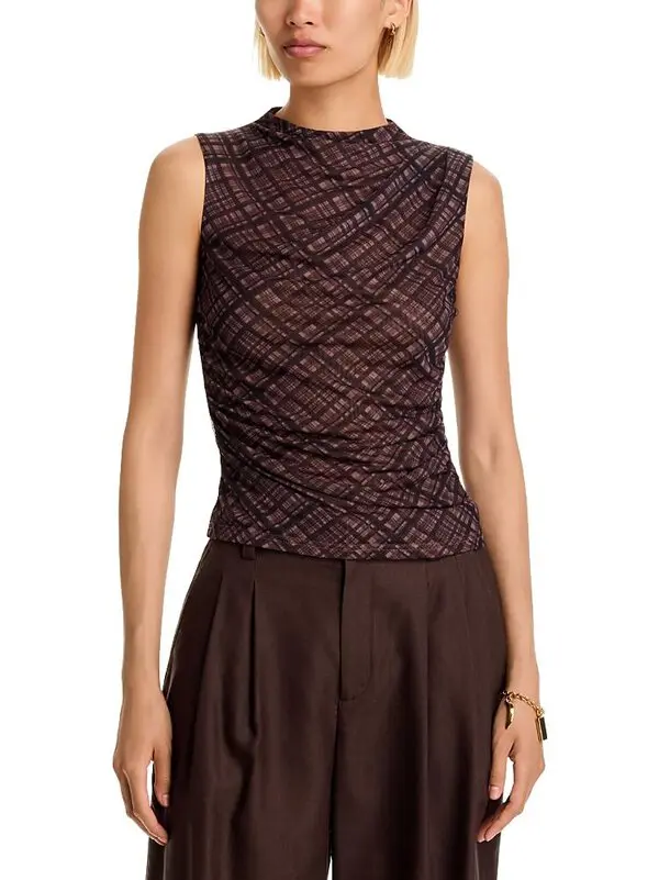 Aqua Plaid Mesh Sleeveless Top - Brown Multi