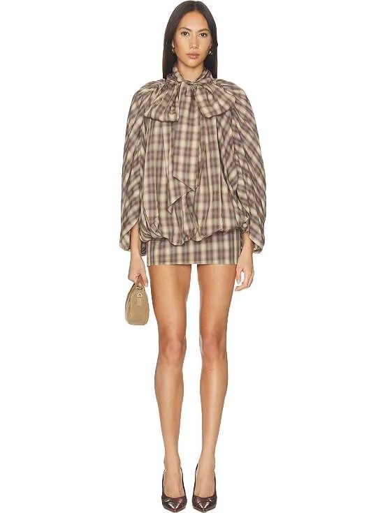 Prabal Gurung Tie-neck Short Cocoon Mini Dress In Grey - Grey Plaid