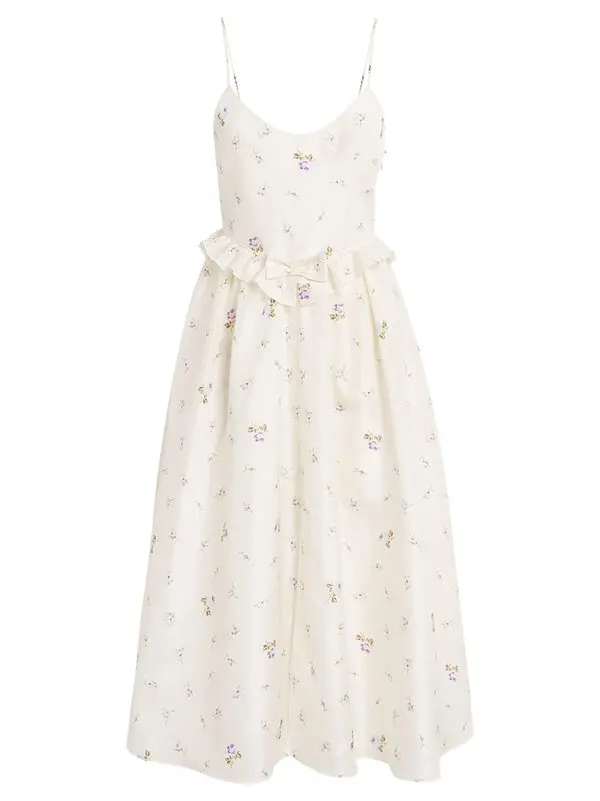 Alessandra Rich Silk Floral Midi Dress - White
