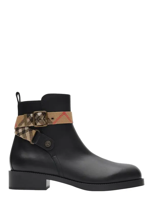 Burberry Leather Huntley Ankle Boots With Check Strap - Black