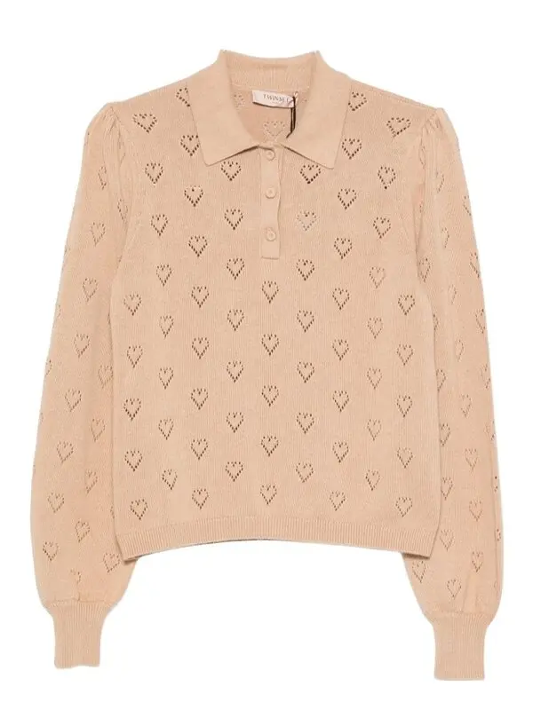 TWINSET Pointelle-knit Buttoned Polo Shirt With Heart Cut-outs - Nude