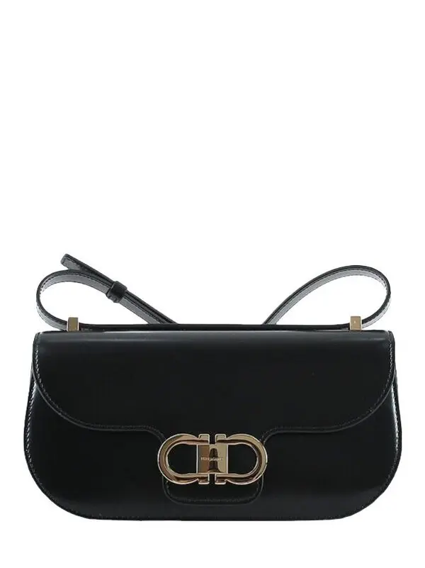 FERRAGAMO Gold-tone Gancini Flap Shoulder Bag - Black