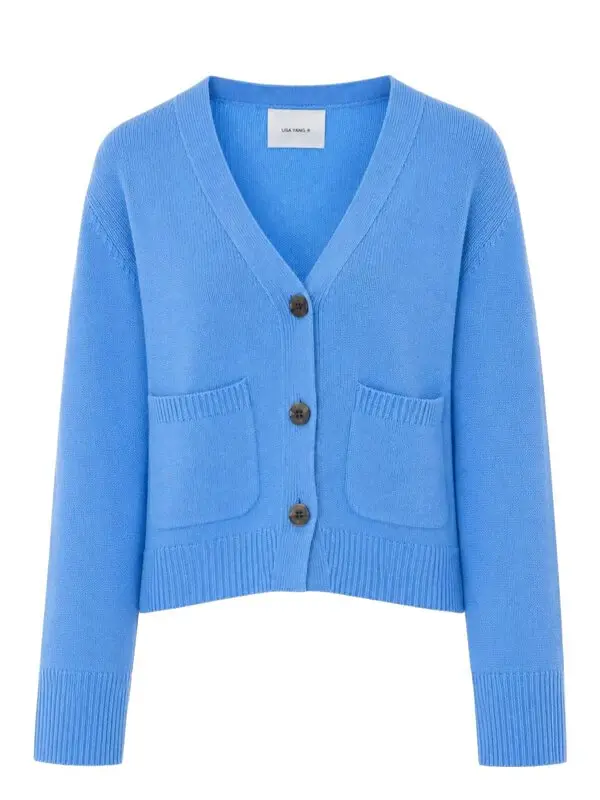 LISA YANG Long-sleeve V-neck Cardigan With Button Front And Patch Pockets - Blue