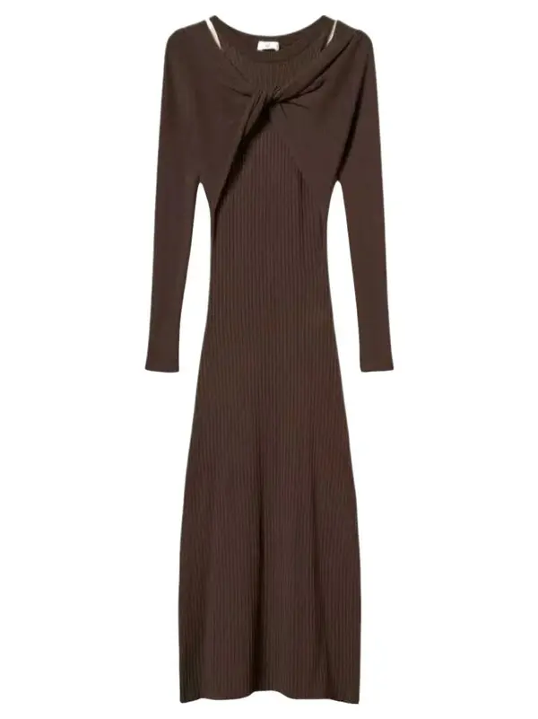 TWINSET Ribbed Knit Maxi Dress With Shawl-style Design And Front Tie - Brown