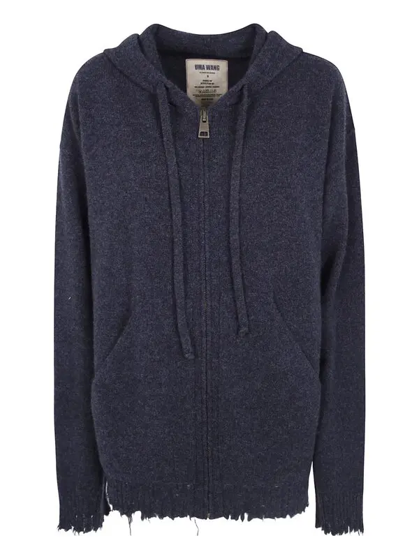 UMA WANG Long-sleeved Knitted Zip-up Hoodie With Drawstring - Dark Grey
