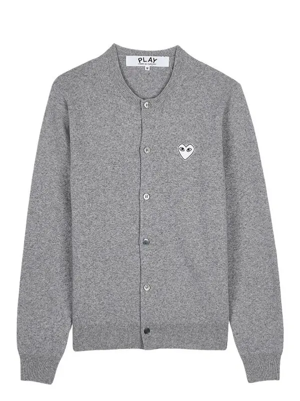 Comme Des Garçons Crew Neck Long Sleeve Cardigan With Heart Applique - Grey