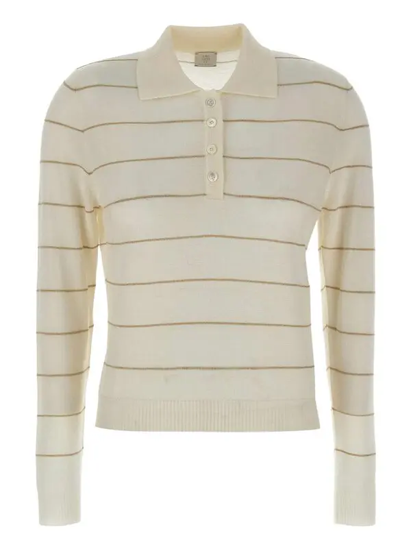Eleventy Striped Knit Polo With Classic Collar And Ribbed Trim - Nude