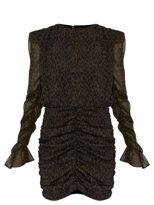 ROTATE BY BIRGER CHRISTENSEN Long-sleeved Leopard Print Ruched Dress - Brown