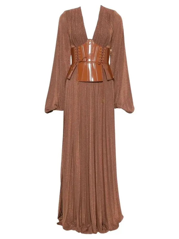 Elisabetta Franchi Pleated Lace-up Maxi Dress - Brown