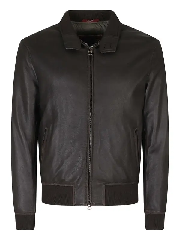 STEWART Long-sleeve Zip-up Leather Jacket - Dark Brown