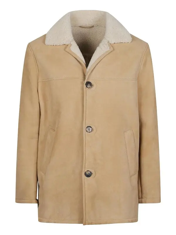 STEWART Long-sleeve Button-front Jacket With Shearling Collar - Biscuit/beige