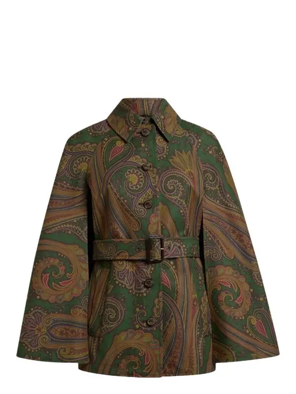 Etro Cotton Gabardine Trench Coat-style Cape With Paisley Motif - Green