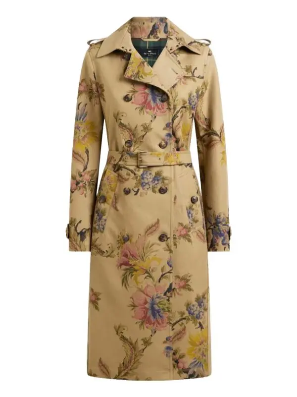 Etro Cotton Gabardine Trench Coat With Floral Motif - Light Brown