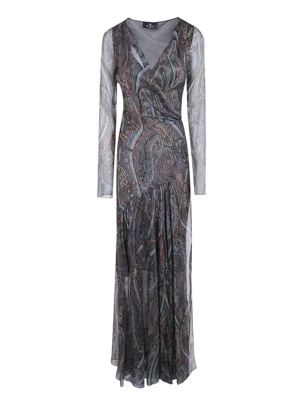 Etro Long Sleeve V-neck Paisley Pleated Maxi Dress - Black