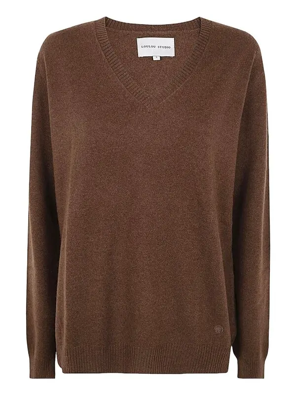 Loulou De Saison Ribbed V-neck Sweater With Embroidered Detail - Mocha