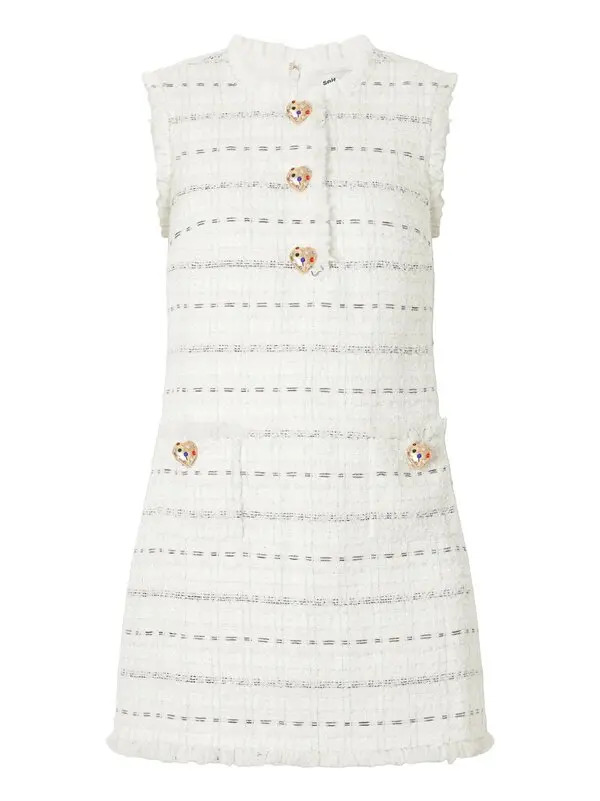 SELF-PORTRAIT Boucle Sleeveless Mini Dress With Gold-tone Button Details - White