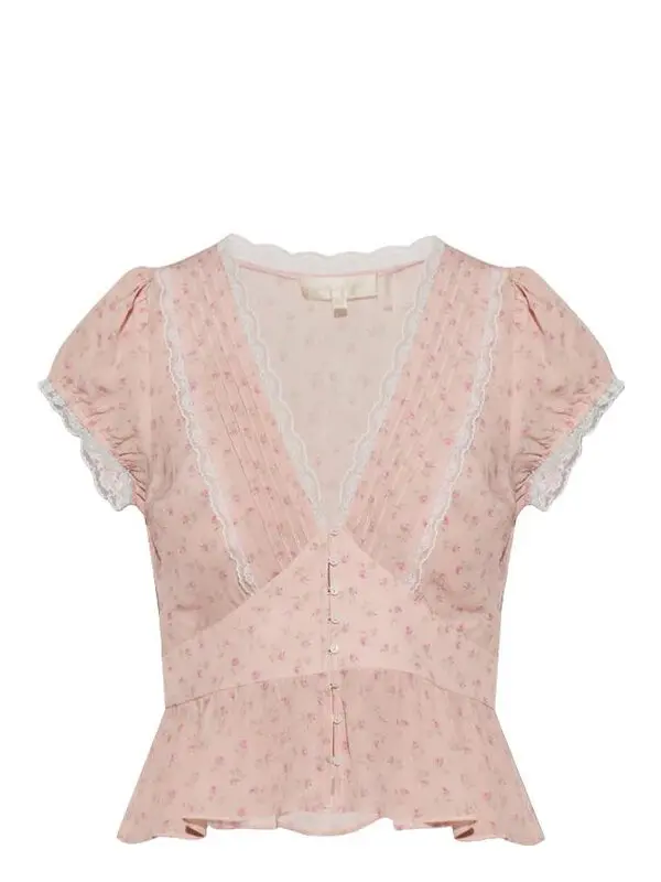 LoveShackFancy Bondy Lace Trim Peplum Top - Nude