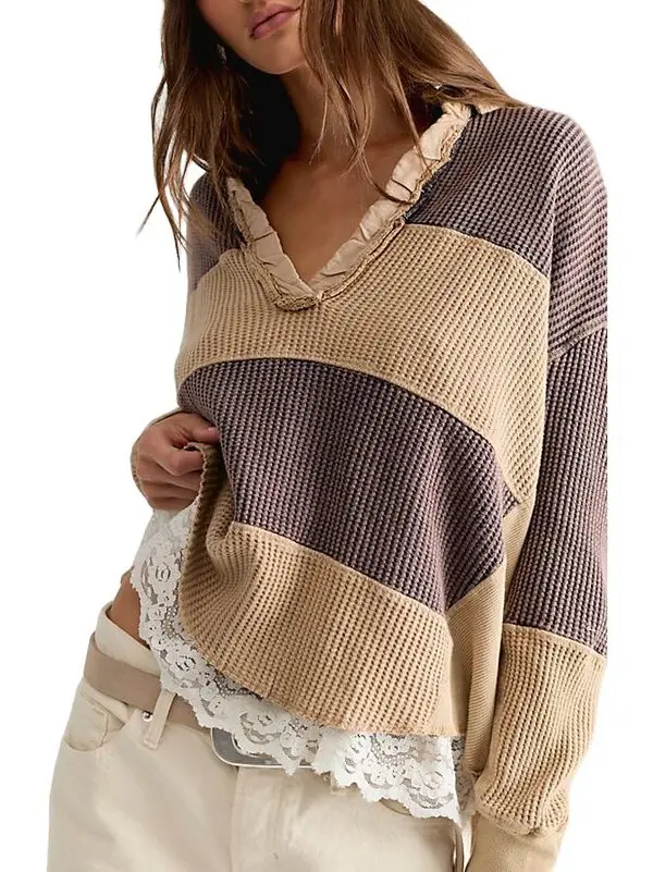 Free People Rainn Thermal V-neck Knit Top - Neutral Combo