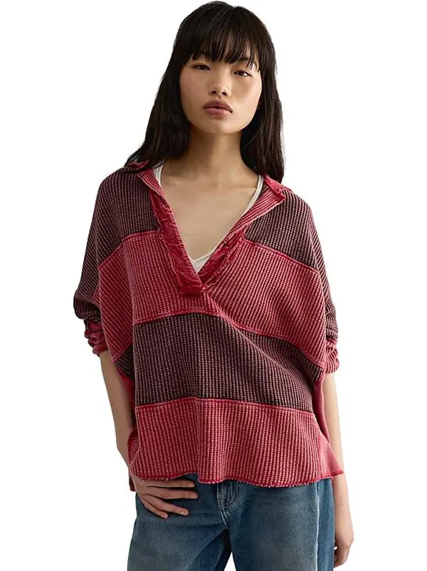Free People Rainn Thermal V-neck Knit Top - Pink Combo