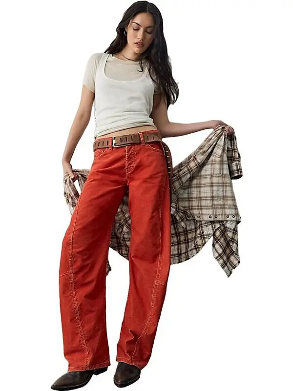 Free People Fable Washed Cord Low-rise Twisted Bowed Jeans - Firey Red
