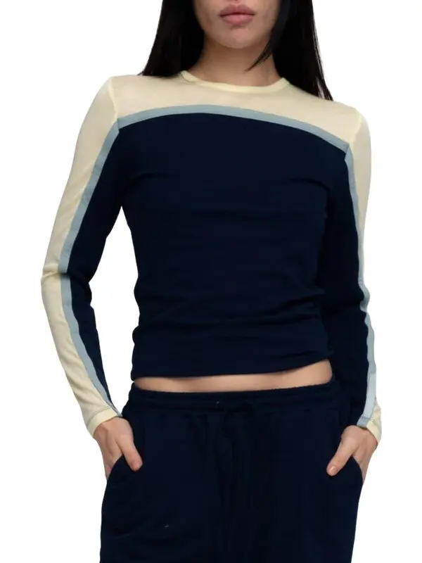 FIND ME NOW Long Sleeve Contrast Stripe Knit Top - Navy