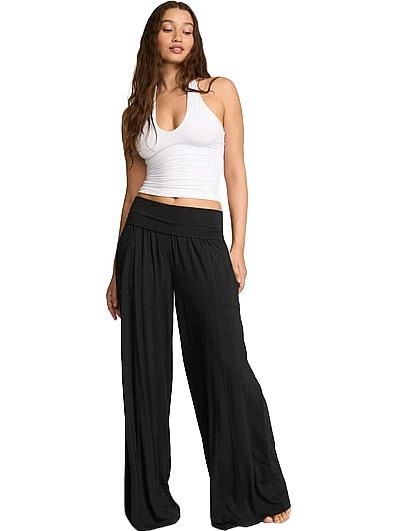 Pink 24/7 Lounge Modal Foldover Wide-leg Pants - Black