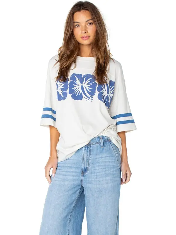 Roxy Retro Game Day Tee With Oversized Sleeves - Cloud Dancer Flower Block