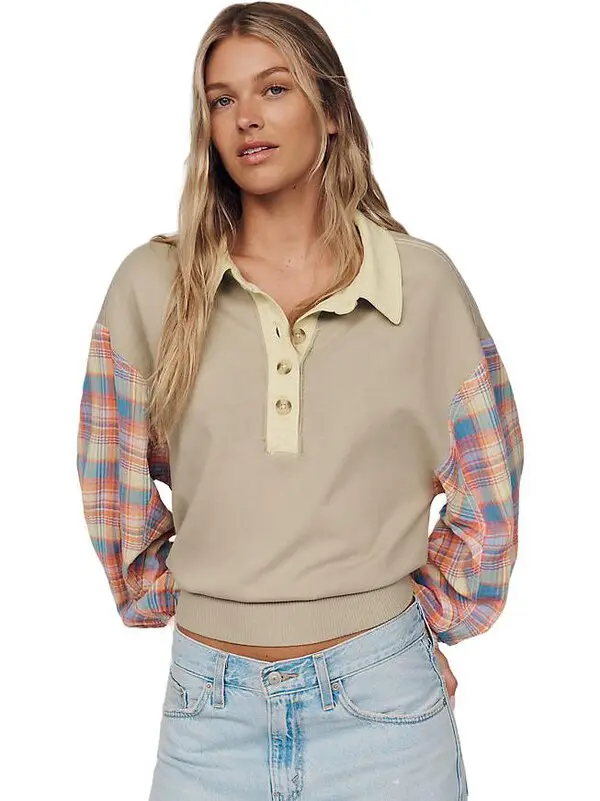 PILCRO 100% Cotton Mixed Knit Pullover With Plaid Sleeves And Contrasting Collar - Green Pattern