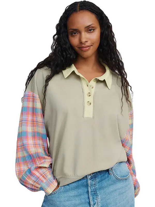 PILCRO 100% Cotton Mixed Knit Pullover With Plaid Sleeves And Contrasting Collar - Green Pattern