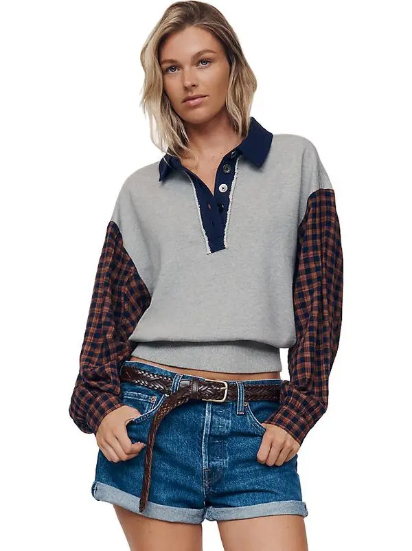 PILCRO 100% Cotton Mixed Knit Pullover With Plaid Sleeves And Contrasting Collar - Grey Pattern