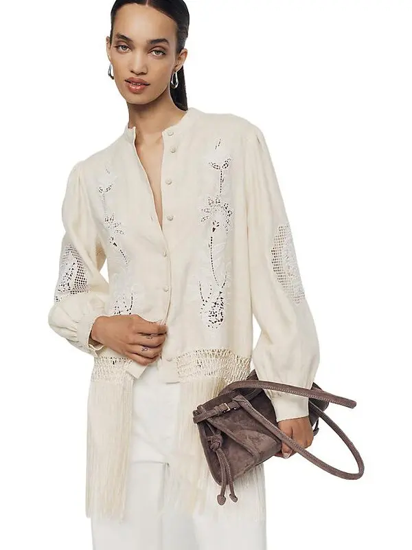 Farm Rio Linen Richelieu Embroidered Button-down Shirt With Fringe Hem - Sand