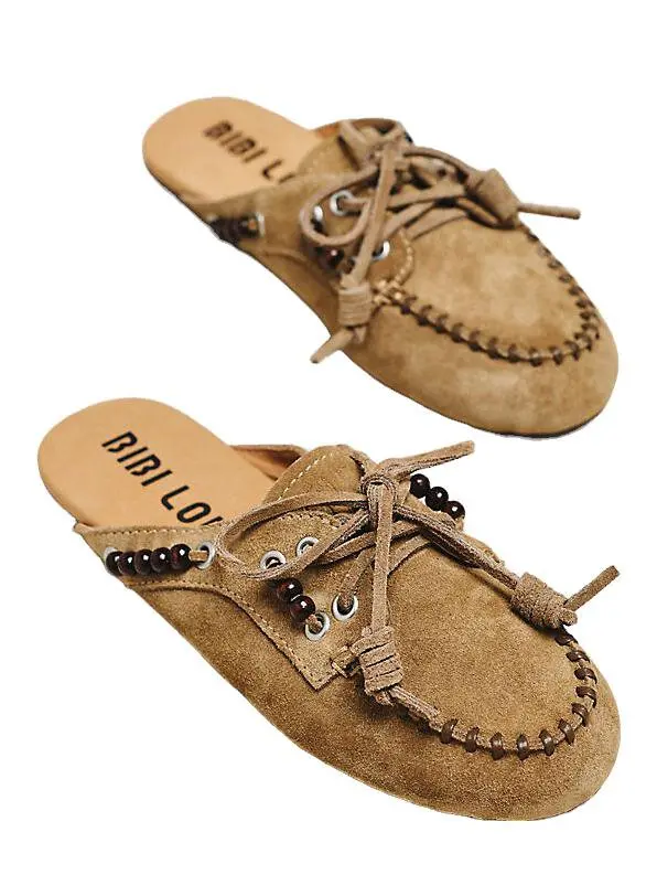 BIBI LOU Beaded Moccasin Mules - Taupe