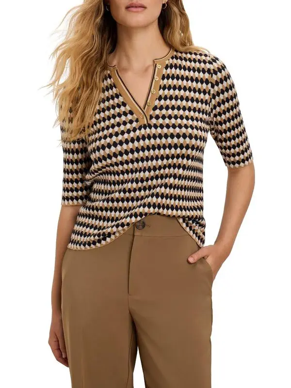 NIC+ZOE Angled Stretch Cotton Jacquard Sweater With Henley Neckline - Neutral Multi