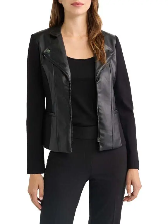 Anne Klein Faux Leather Moto Jacket With Knit Sleeves - Black