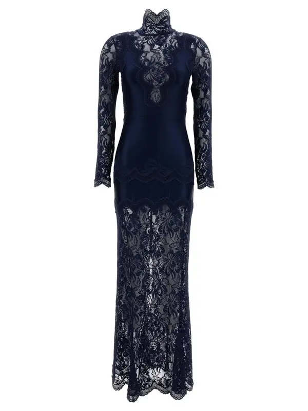 Rabanne Jersey And Lace High Neck Dress - Blue