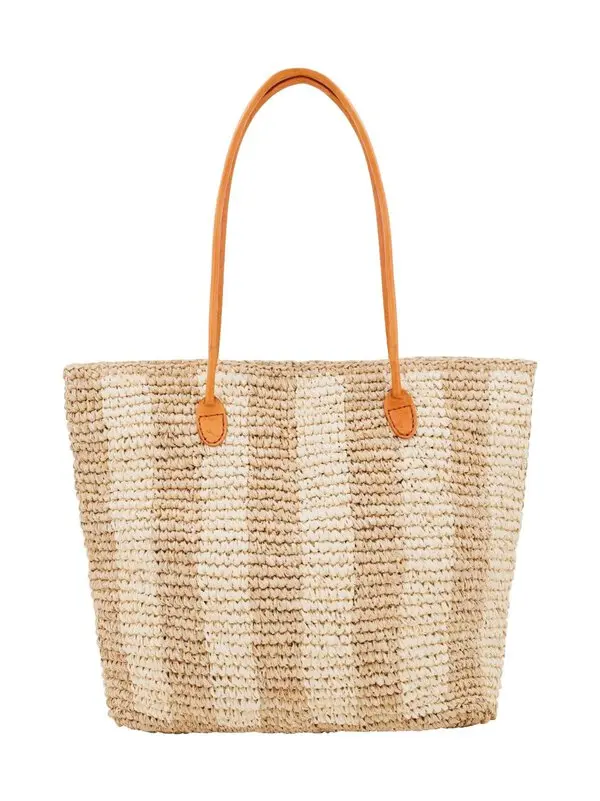 OHSUN Woven Raffia Two-toned Stripe Tote - White