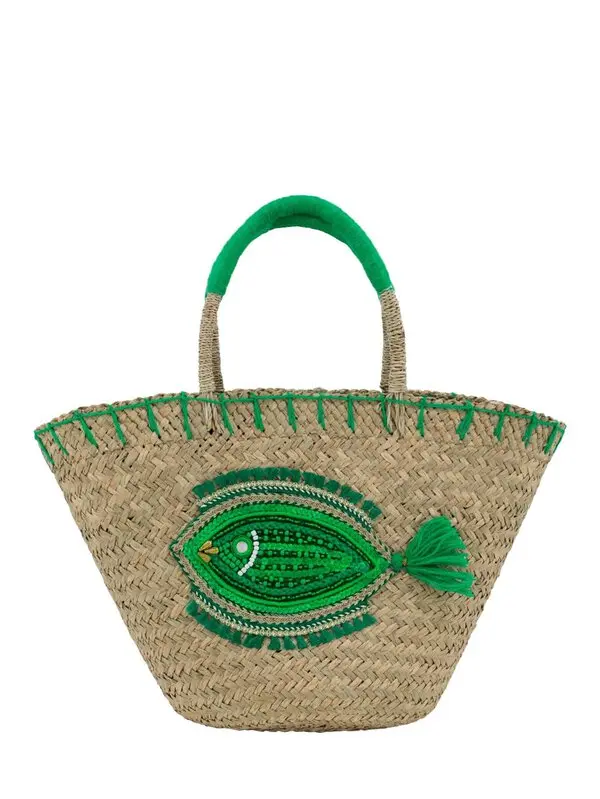 OHSUN Raffia Beach Tote With Embroidered Fish Detail - Green