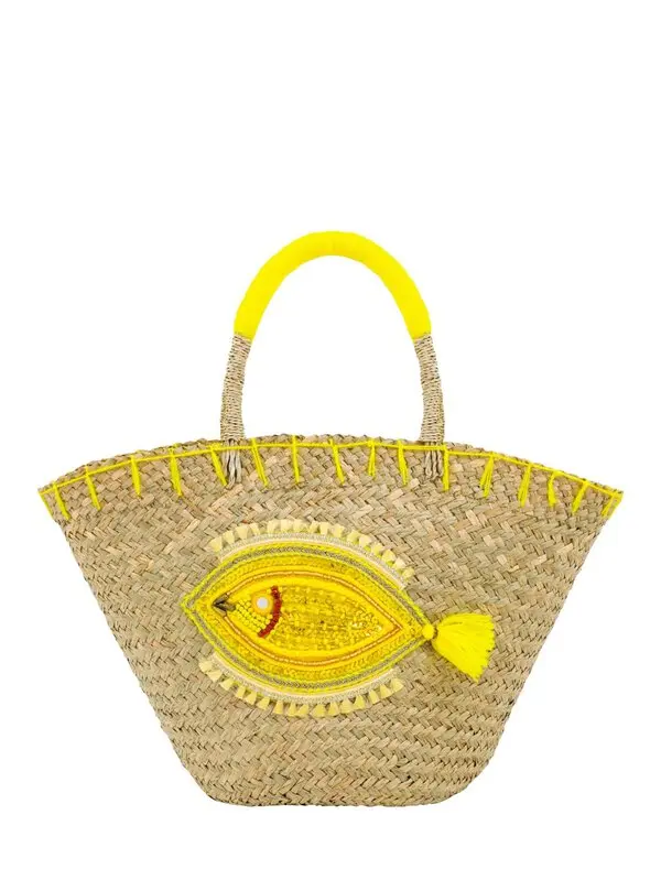 OHSUN Neutrals / Dory Straw Embroidered Beach Bag Lemon - Red
