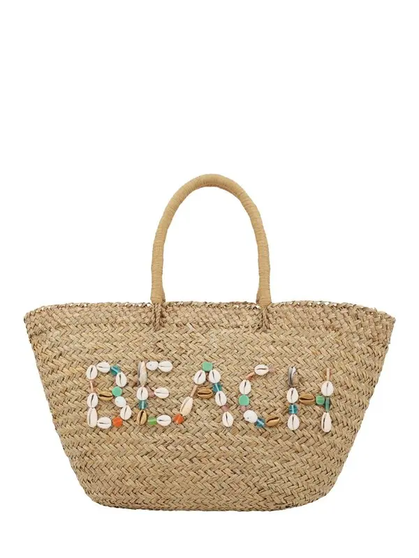 OHSUN Woven Straw Beach Bag With Shell And Glass Bead Embellishment - White