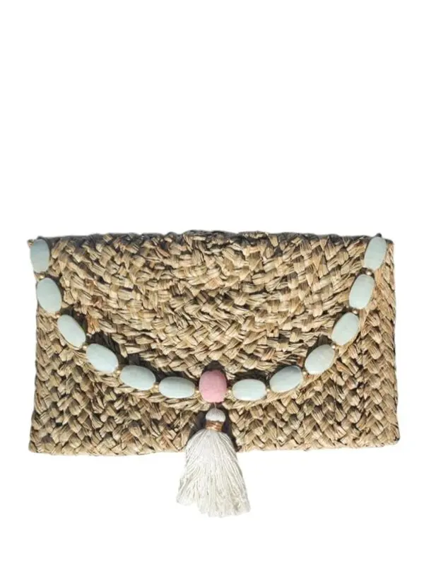 OHSUN Farah Straw Clutch With Stone Embellishment And Tassel - White/pink
