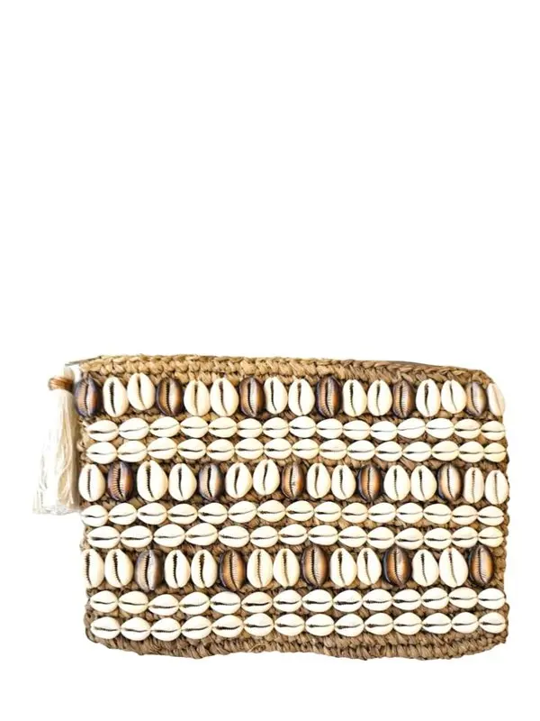 OHSUN Raffia Clutch With Cowrie Shell Embellishment - White