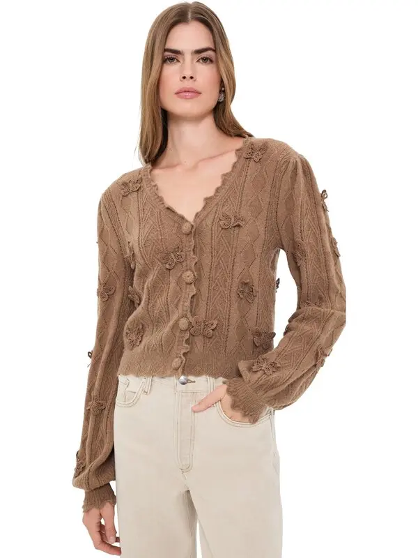 Farm Rio Artisanal Knit Cardigan With Butterfly Appliqués - Sand