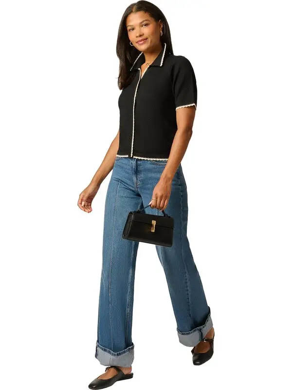 Adrianna Papell Scalloped Trim Polo Cardigan Sweater - Black/cream