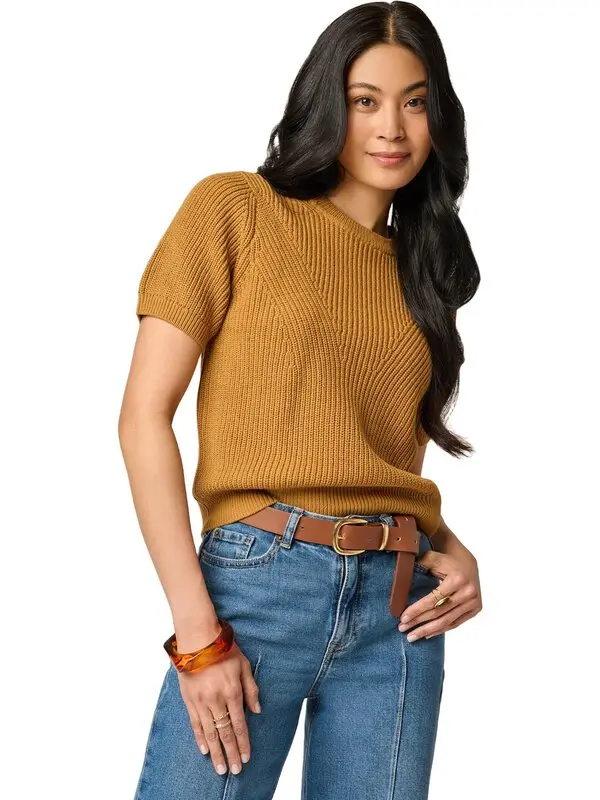 Adrianna Papell Short Sleeve Shaker Knit Pullover Sweater - Butternut