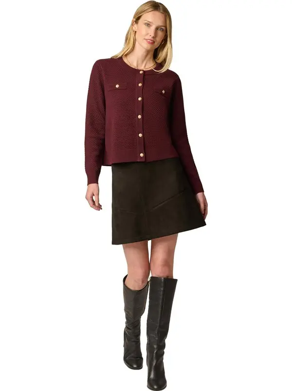 Adrianna Papell Long Sleeve Textured Knit Cardigan Sweater - Berry