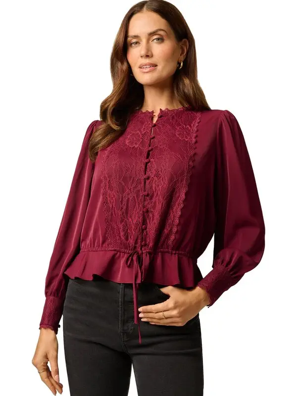 Adrianna Papell Long Sleeve Lace Trim Drawstring Hem Blouse - Fig