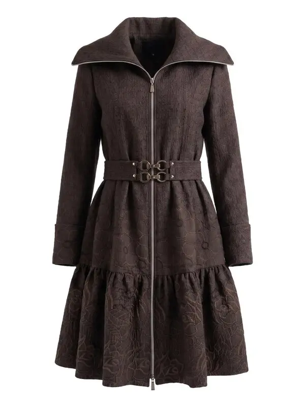 LUNA FASHION HOUSE Tailored Coat With Tiered Hemline And Belt - Brown